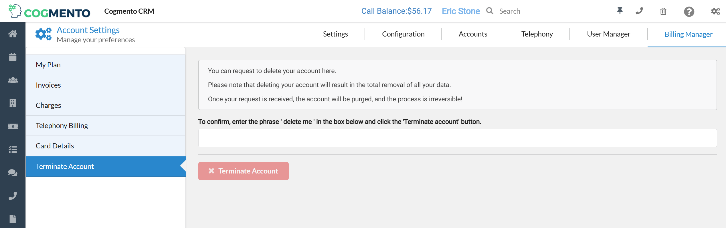 Terminate or Delete Account – CRM Support